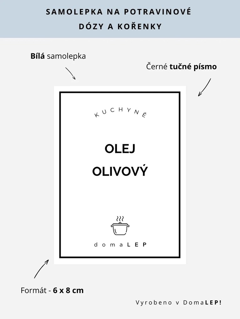 Samolepka na láhev OLEJ OLIVOVÝ – bílá, 6 x 8 cm, tučné písmo