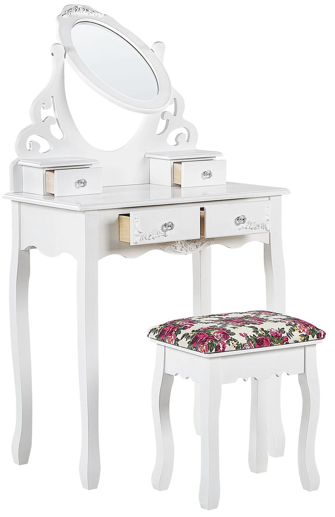 Toaletní stolek, 4 zásuvky, oválné zrcadlo a bílá stolička AMOUR Beliani