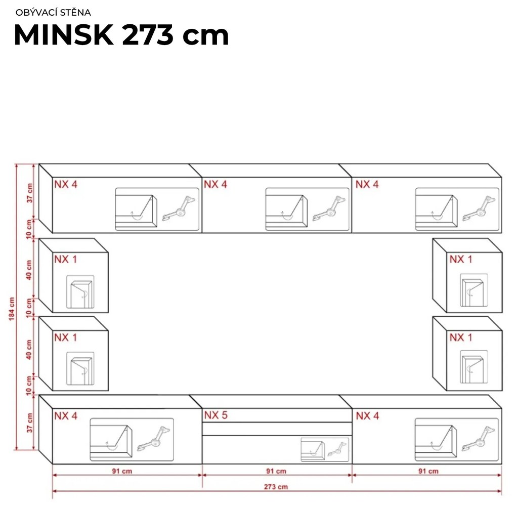 Ral Obývací stěna MINSK 5, 273 cm - Bílý lesk