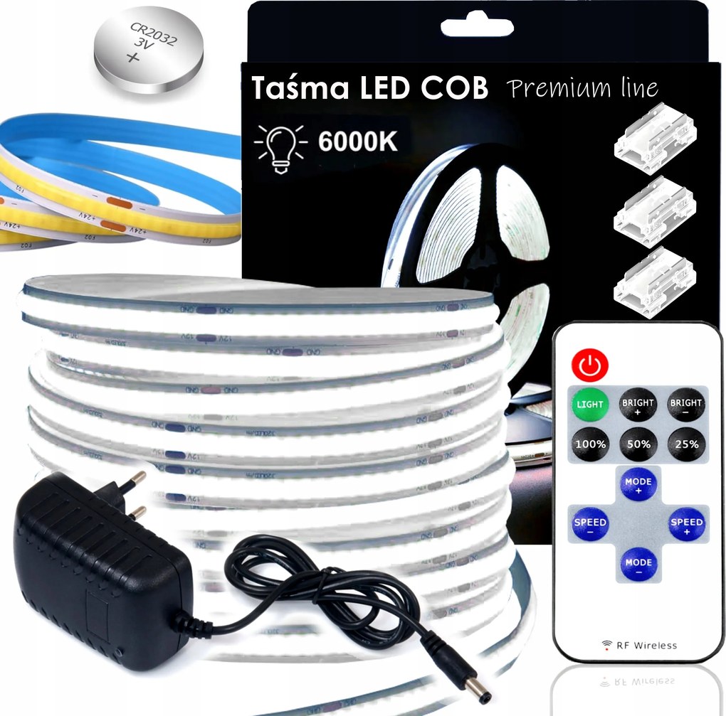 Set Led pásek Cob Neon 5m 6000K Bílý Studený Kompletní sada Bonus