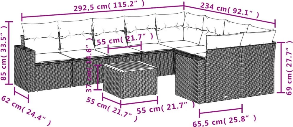 vidaXL 10dílná zahradní sedací souprava s poduškami polyratan [3224282]