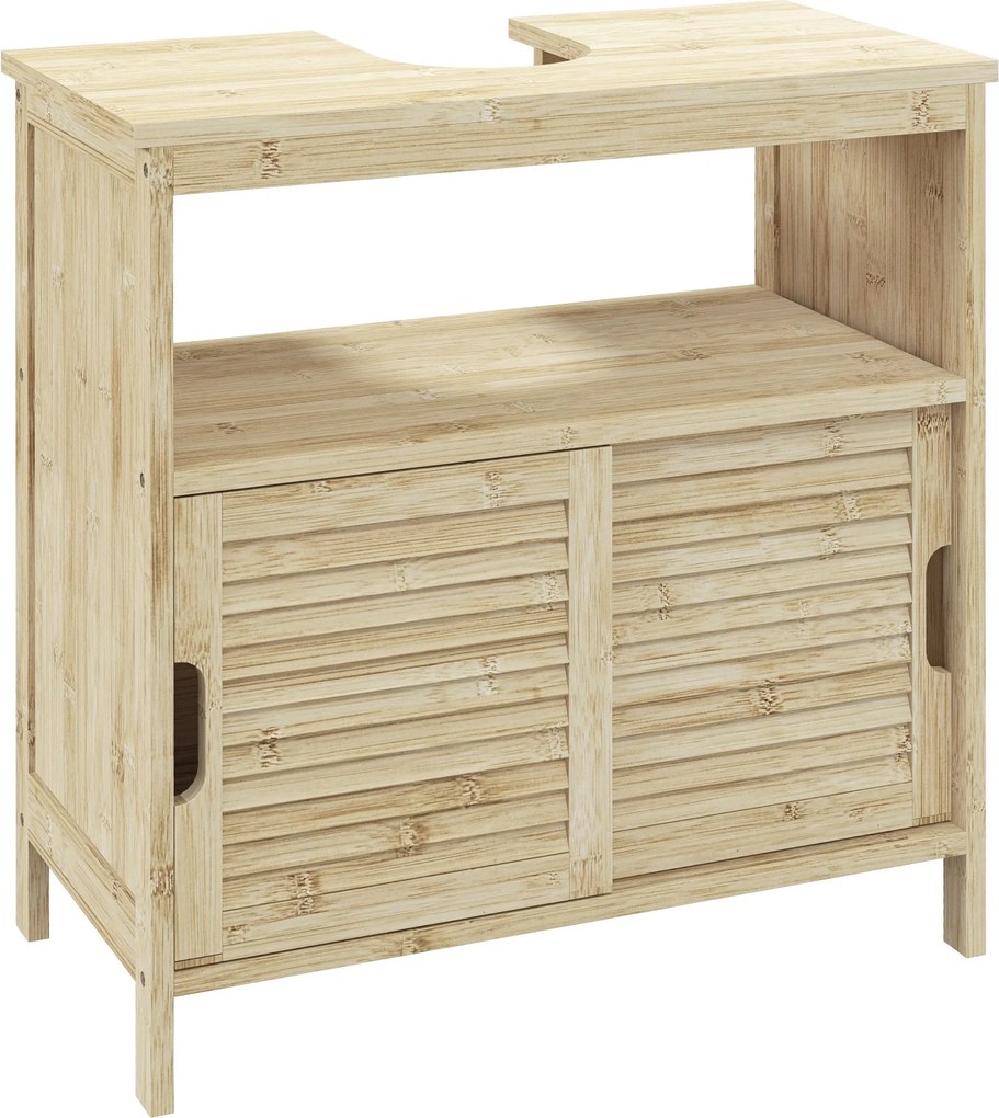 HOMCOM Bambusový skříňka pod umyvadlo, Koupelnová skříňka s 2 posuvnými dveřmi, 60 x 30 x 60 cm, Přírodní dřevo