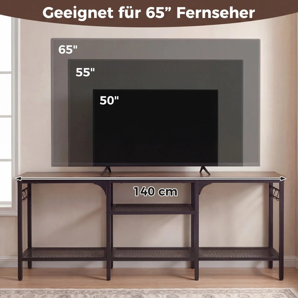 Costway Televizní stolek s otevřenými policemi 140 cm, hnědý