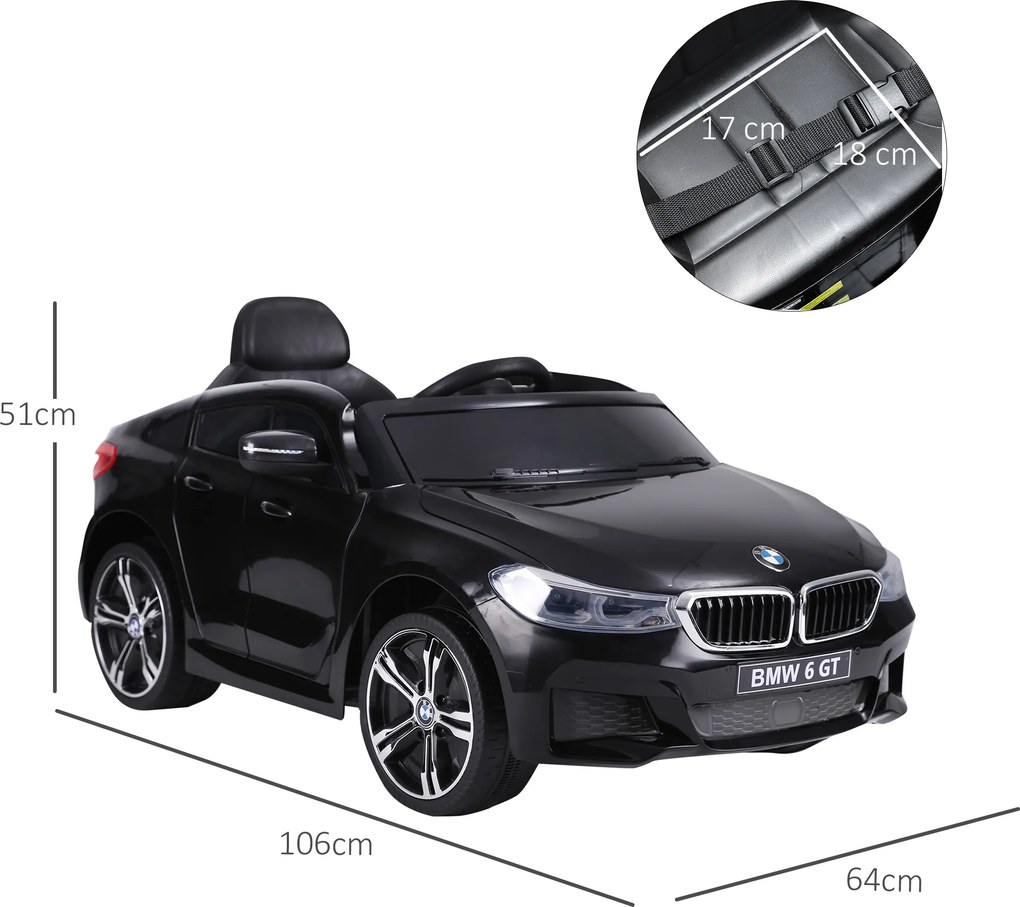 HOMCOM Elektrické auto BMW 6GT pro děti od 3 let, 6V bateriové vozidlo s dálkovým ovládáním, světly a zvuky, MP3 USB, nosnost 30 kg, 106x64x51 cm, če…
