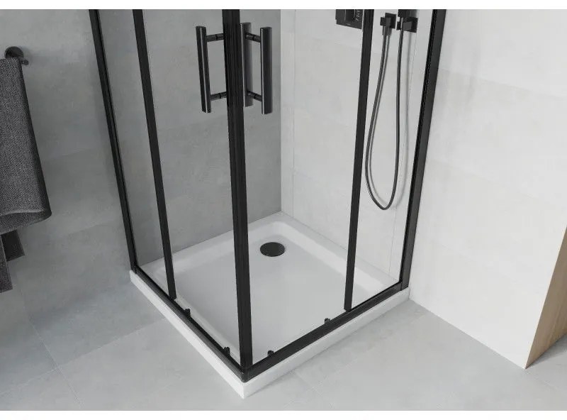 Mexen Rio, sprchový kout s posuvnými dveřmi 90x90x190 cm, 5mm čiré sklo, černý profil, bílá sprchová vanička SLIM, 860-090-090-70-00-4010B