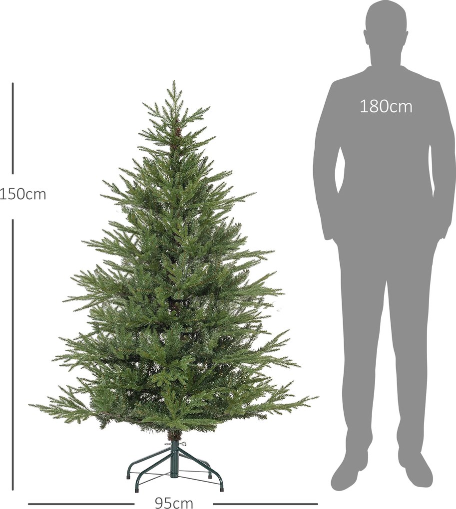 HOMCOM Vánoční strom 150 cm, realistický vzhled, rychlá montáž, včetně stojanu, nehořlavý plast