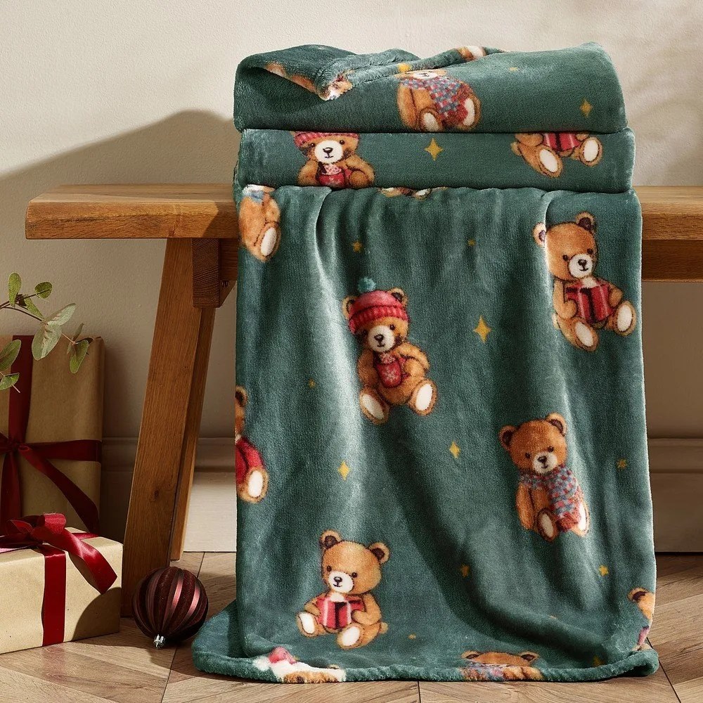 Tmavě zelená deka s vánočním motivem 170x130 cm Christmas Tartan Teddy Bear – Catherine Lansfield