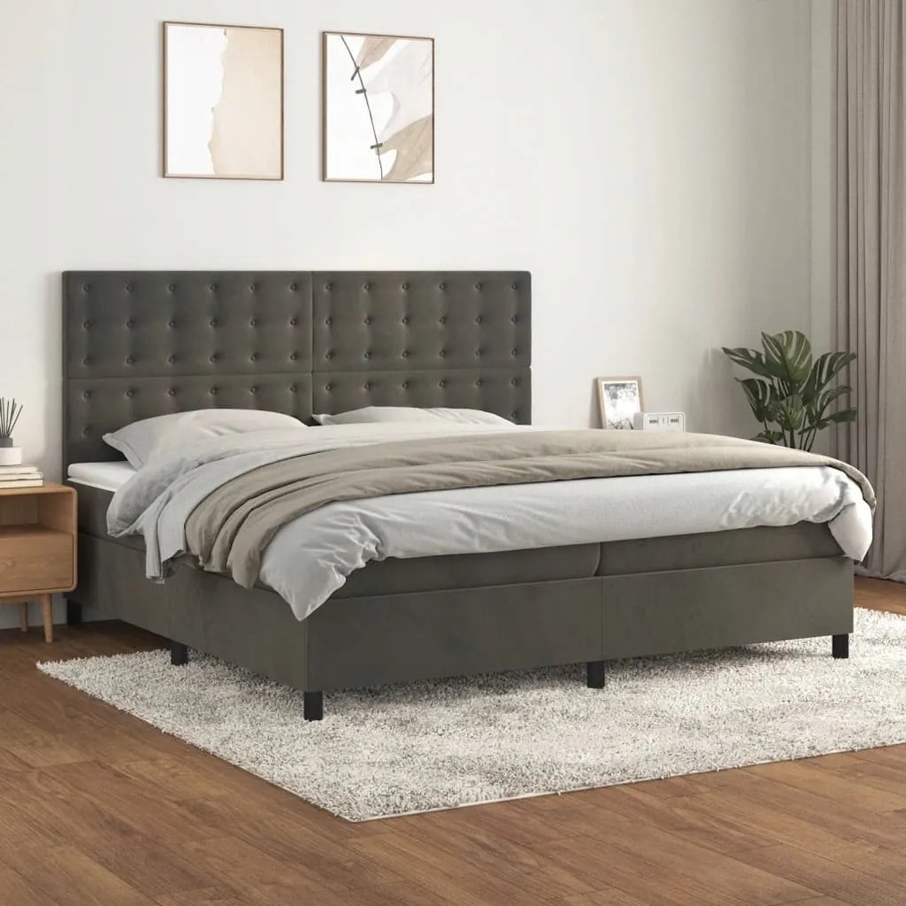 Box Spring Postel S Matrací Samet Tmavě Šedá tlačítka 200 x 200 cm