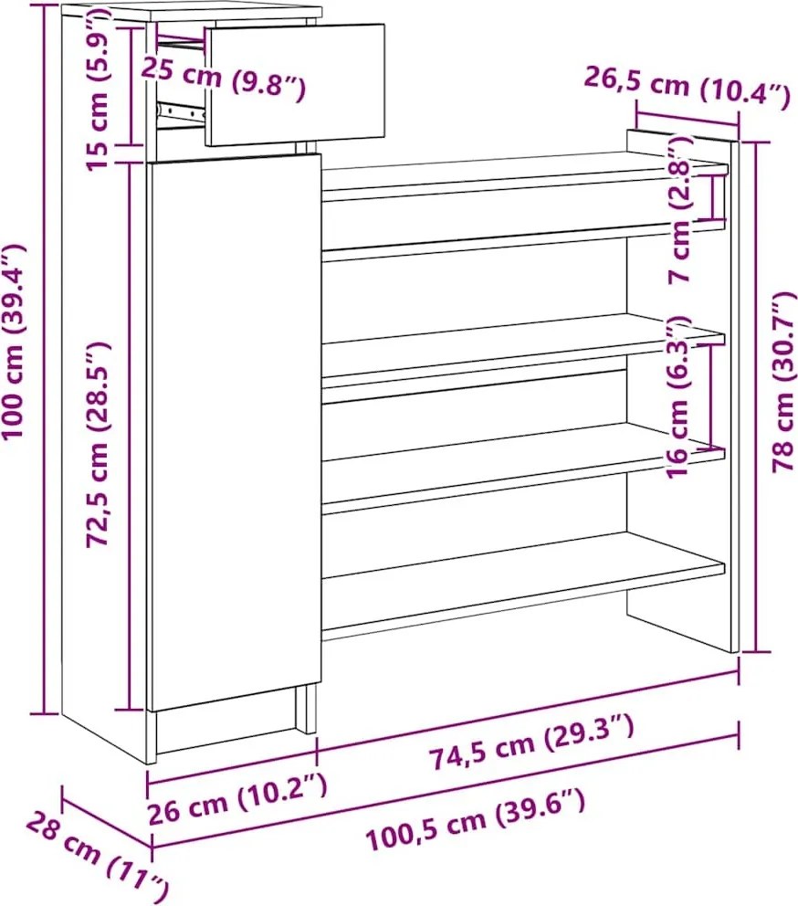 vidaXL Botník 100,5 x 28 x 100 cm kompozitní dřevo [871388] Barva: šedá sonoma
