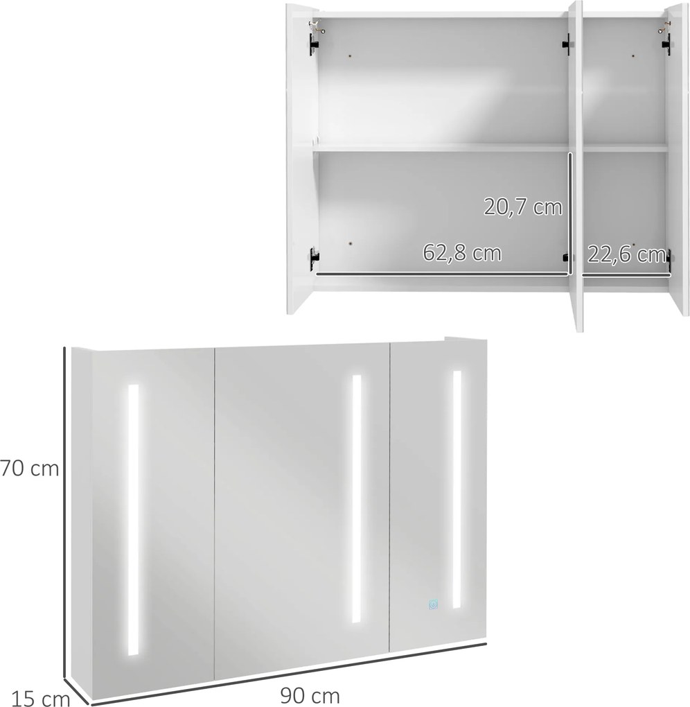 Kleankin zrcadlová skříňka s nastavitelnými policemi a 3-barevnými LED světly, z MDF a skla, 90x15x70 cm, bílá