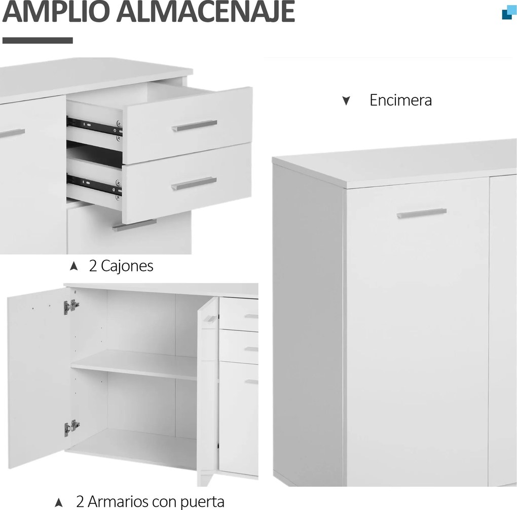 HOMCOM Kuchyňská Komoda se 2 Dveřmi a 2 Zásuvkami v Moderním Stylu pro Jídelnu 106x35x76cm Leskle Bílá