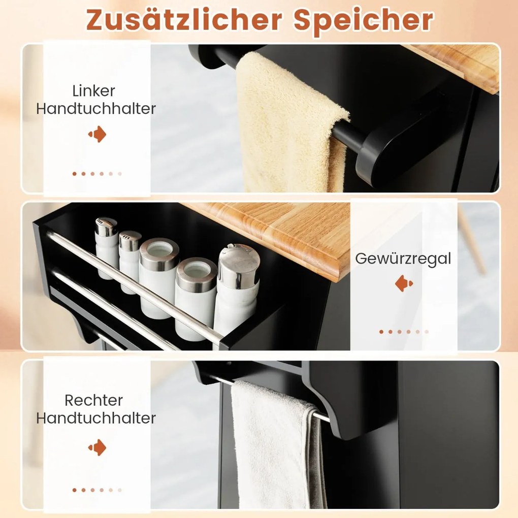 Costway Kuchyňský ostrov na kolečkách s kaučukovou deskou a nastavitelnými