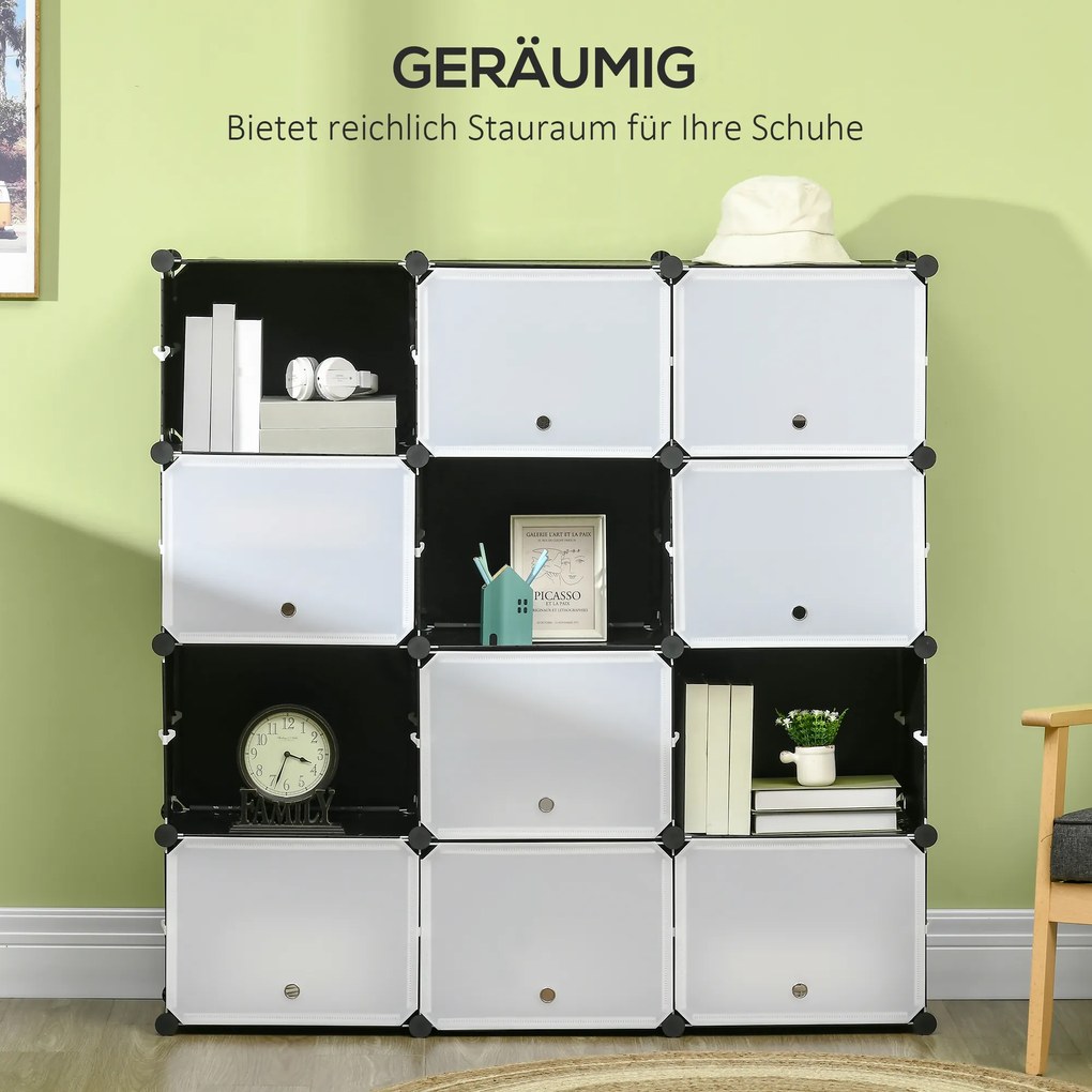 HOMCOM Botník Úložný box s 12 kostkami DIY zásuvný regál s dvířky Plastová ocel Černá+bílá 125 x 32 x 125 cm