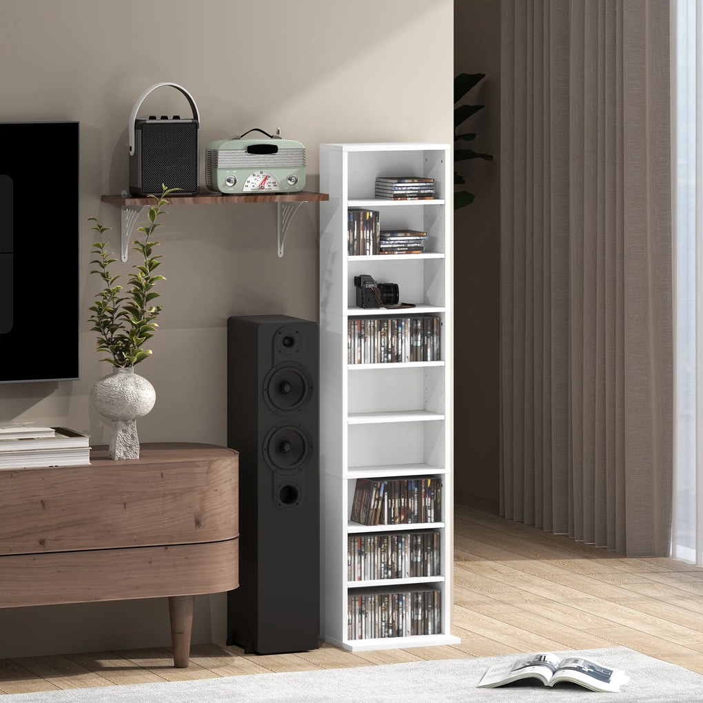 HOMCOM CD a DVD regál s 9 přihrádkami, úzký s nastavitelými policemi pro obývací pokoj a kancelář 33x24x140 cm Bílý