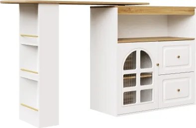 Aosom 360° otočný skříňový sideboard, se 2 zásuvkami, regálem na občerstvení, obloukovým sklem, 138-204 x 39 x 104 cm, bílá