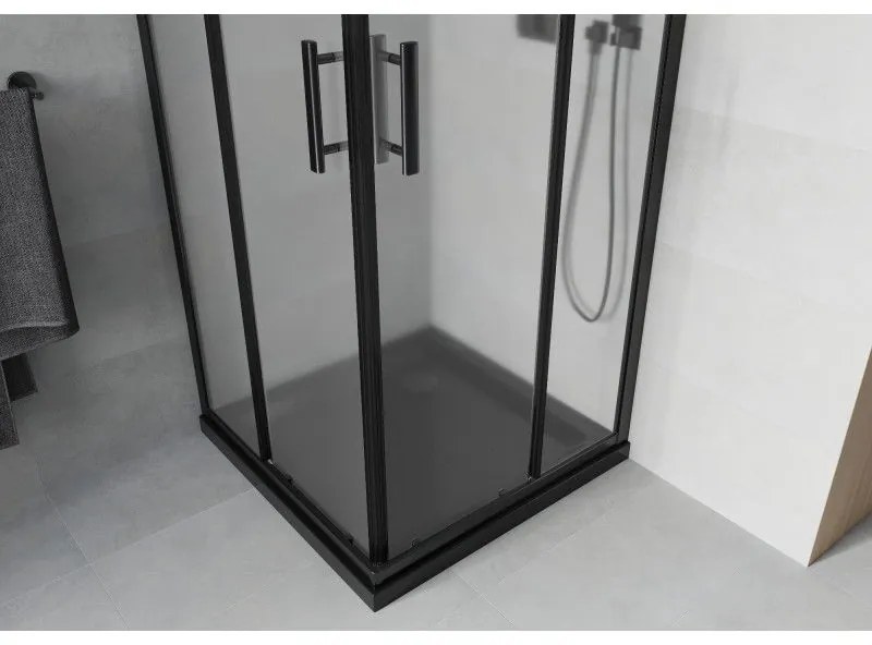 Mexen Rio, čtvercový sprchový kout 80(dveře)x80(dveře)x190 cm, 5mm sklo námraza, černý profil + černá sprchová vanička SLIM, 860-080-080-70-30-4070B