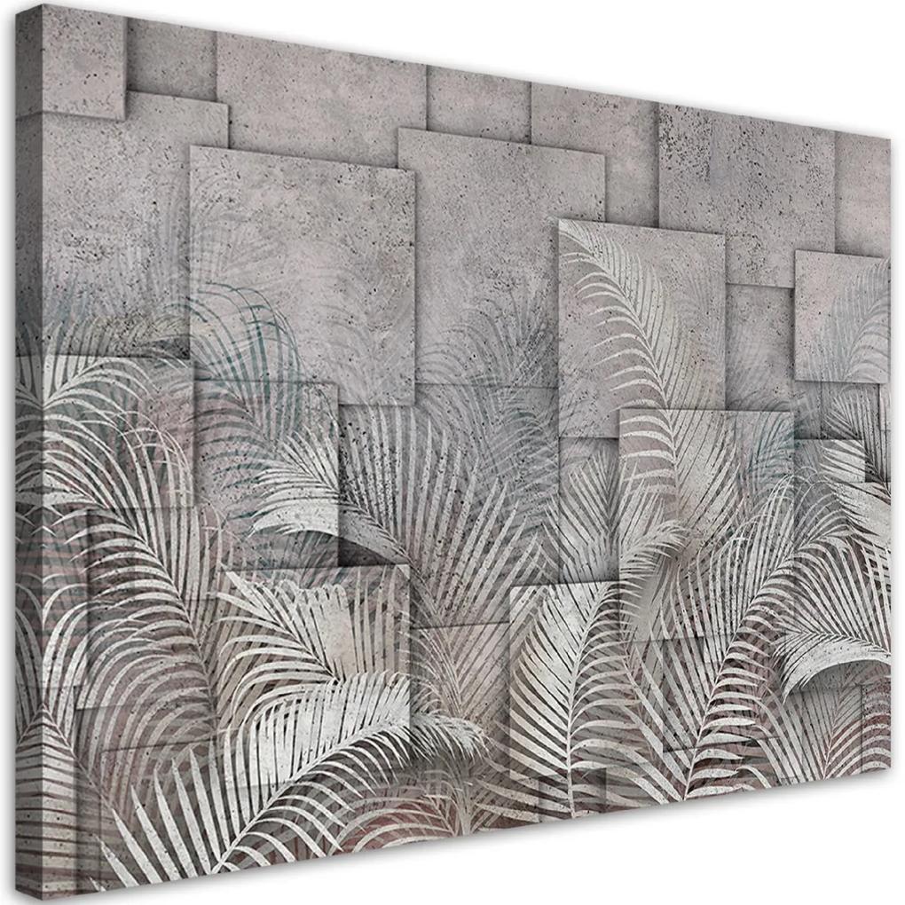 Obraz na plátně, 3D listy proti pozadí napodobující beton - 100x70 cm
