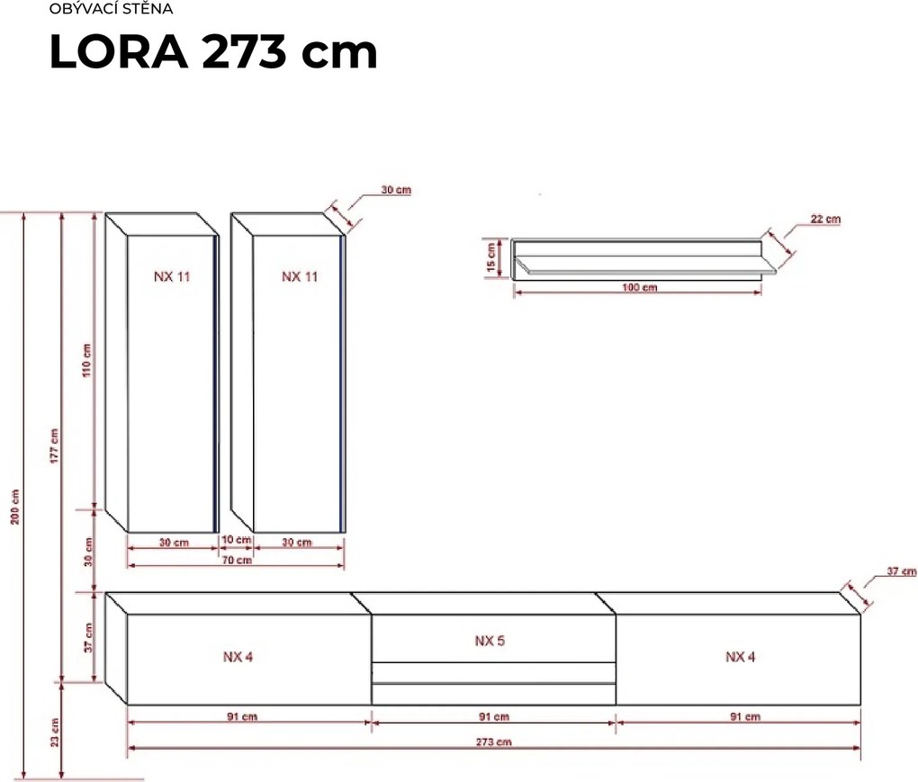 Ral Obývací stěna LORA 273 cm - Bílý lesk