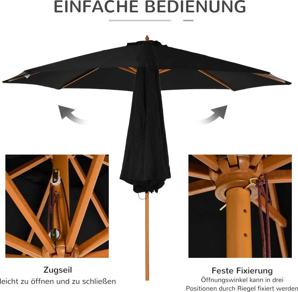 Outsunny slunečník dřevo 300 cm zahradní slunečník balkonový slunečník bambusový černý robustní elegantní pro zahradní terasu | Aosom.de