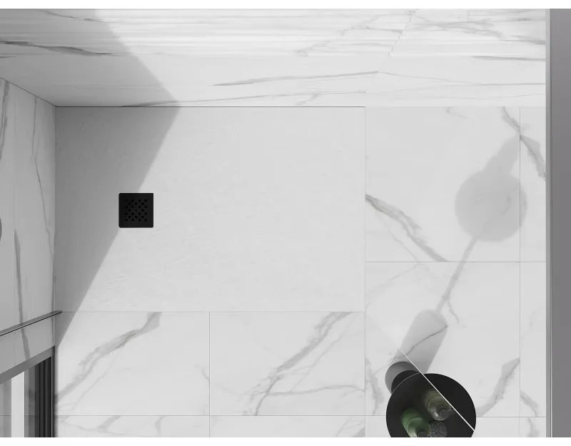 Mexen Stone+, obdélníková vanička z minerálního kompozitu 130 x 90 cm, bílá, černá krytka, 44109013-B