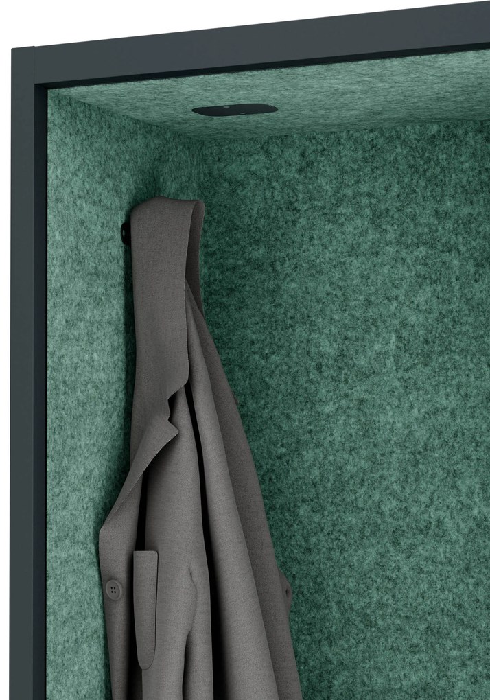 Kancelářská akustická kabina se sedátkem a USB-C portem, korpus černý / sedák zelený, 1150 mm: SALLY MentalBox