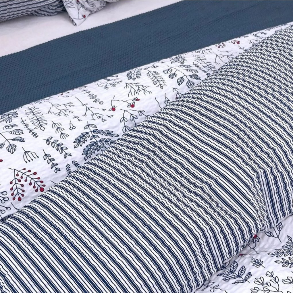 Krepové povlečení Herbář Modrý oboustranný Zapínání: knoflík, Velikost polštáře: 70x90, Velikost přikrývky: 140x200
