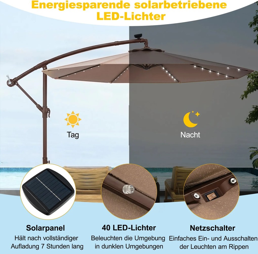 Costway Slunečník s 40 solárními LED světly a klikou světle, světle hnědá