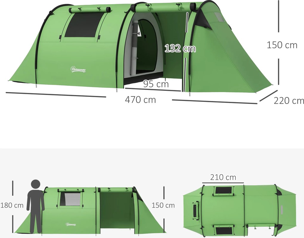 Outsunny rodinný stan pro 3–4 osoby, voděodolný s oddělenou ložnicí a obývacím prostorem, 3000 mm vodní sloupec, tmavě zelený