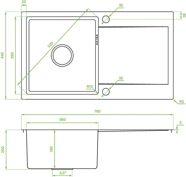 Laveo Marmara, 1-komorový nerezový dřez 760x440x200mm, zlatá matná, LAV-SAM_G11T