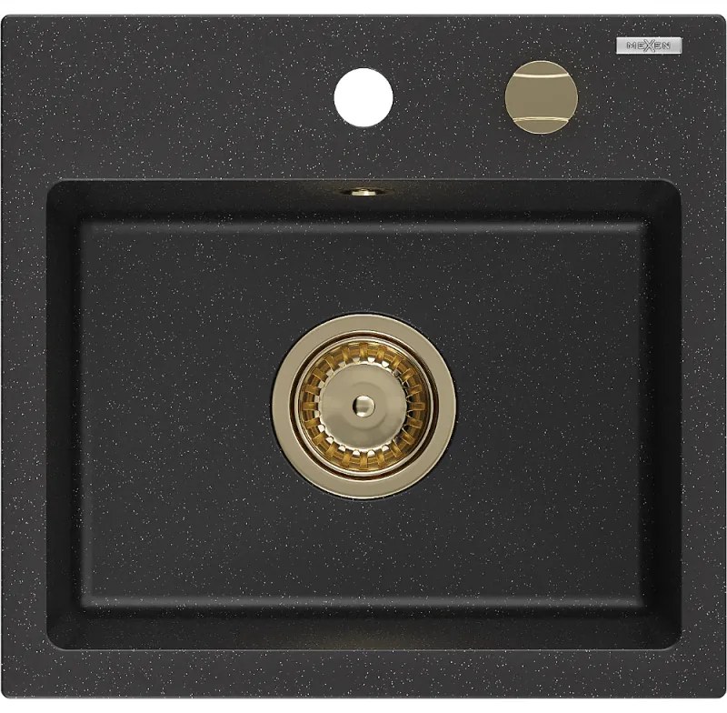 Mexen Milo, granitový dřez 435x410x171 mm, 1-komorový, černá-stříbrná metalíza se zlatým sifonem, 6505441000-73-G