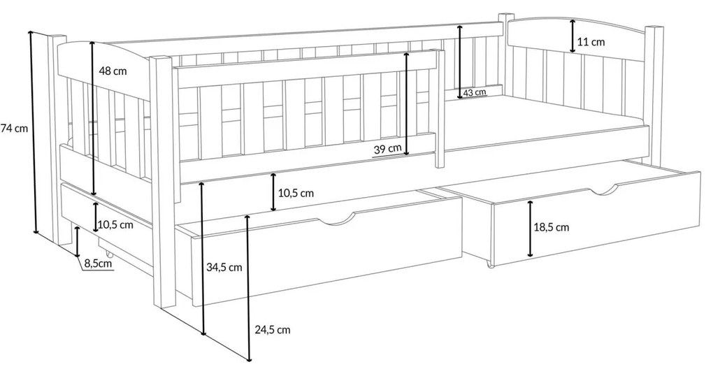 Dětská postel z masivu borovice BEN se šuplíky - 200x90 cm - PŘÍRODNÍ BOROVICE