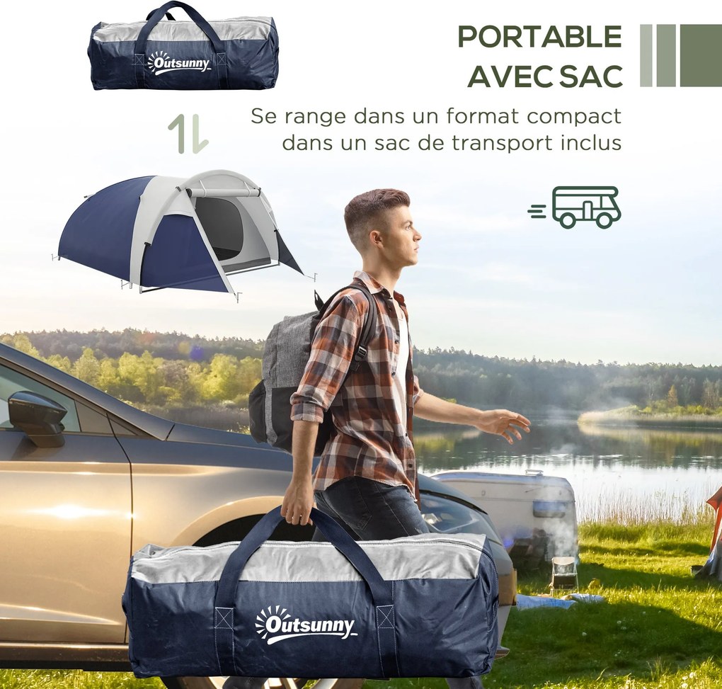 Outsunny Lehký Vzdušný Stan pro Kempování pro 3/4 Osoby s Zipem a Taškou Oxford 320 x 240 x 130 cm Tmavě Modrá Světle Šedá | Aosom