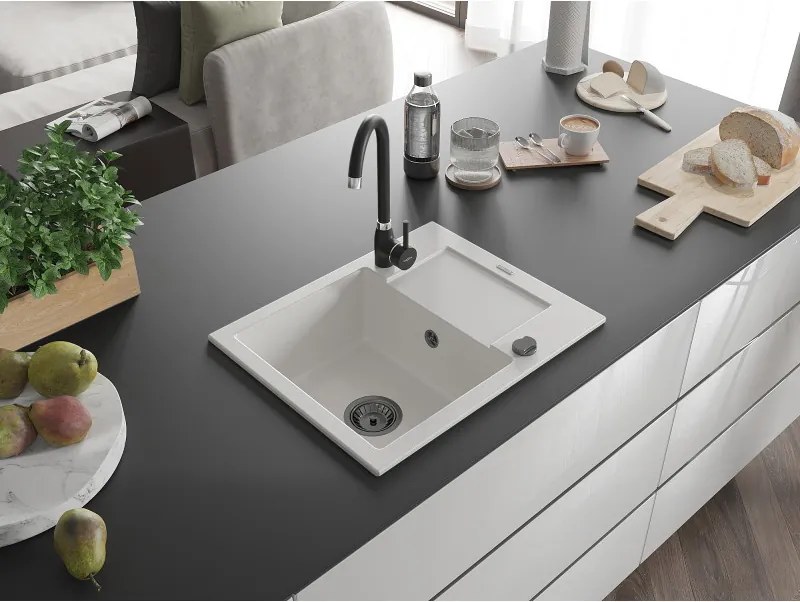 Mexen Enzo, granitový dřez 576x465x174 mm, 1-komorový, bílá s černým sifonem, 6506571005-20-B