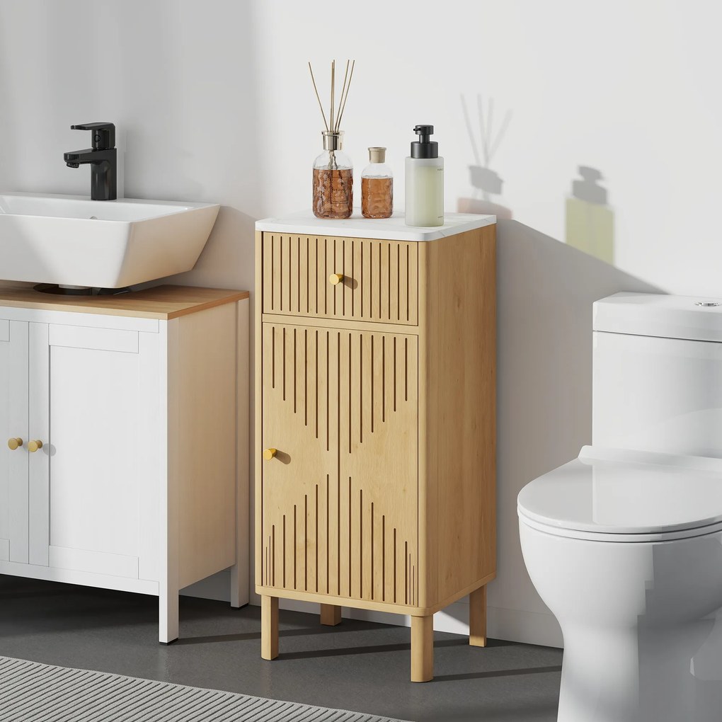 HOMCOM koupelnová skříňka, úložná skříňka s mramorovou efektní deskou a drážkovanými dveřmi, zásuvka 36 Š x 30 H x 80 V cm, dub