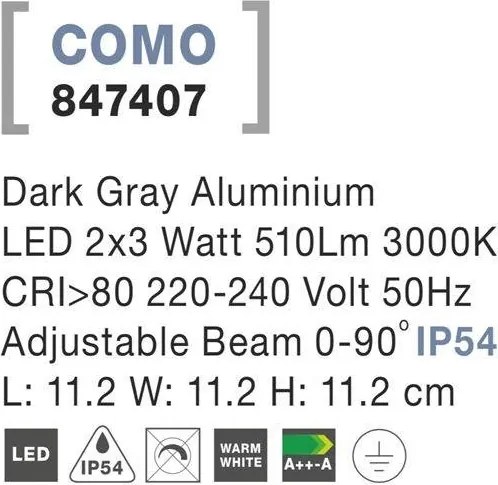 NV 847407 Venkovní nástěnné svítidlo COMO tmavě šedý hliník LED 2x3W 3000K 3000K 220-240V nastavitelný úhel 0-90st. IP54 - NOVA LUCE