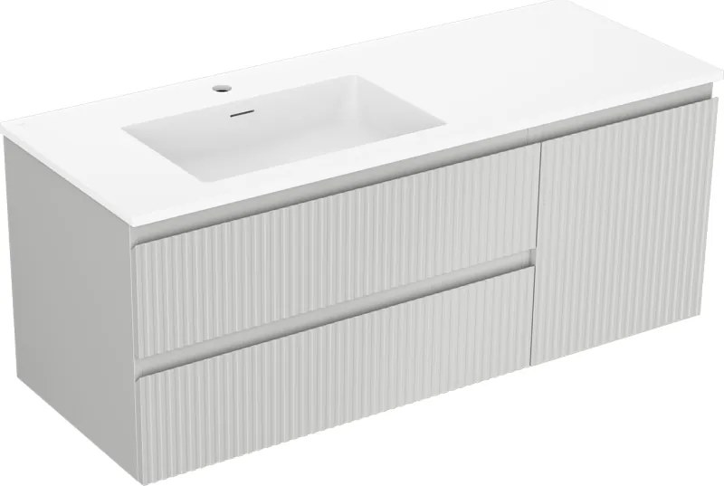 Mexen Rivel, koupelnová skříňka 120 cm s levým umyvadlem Otis, 2S, 1D, drážkovaná, šedá matná/bílá matná - 91A23-12047-3-BBFFF62-W18L01