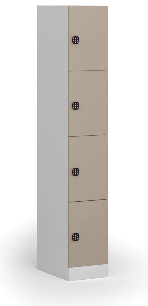 Šatní skříňka S1 s úložnými boxy, 4 boxy, 1850 x 300 x 500 mm, demont, kódový zámek, béžové dveře