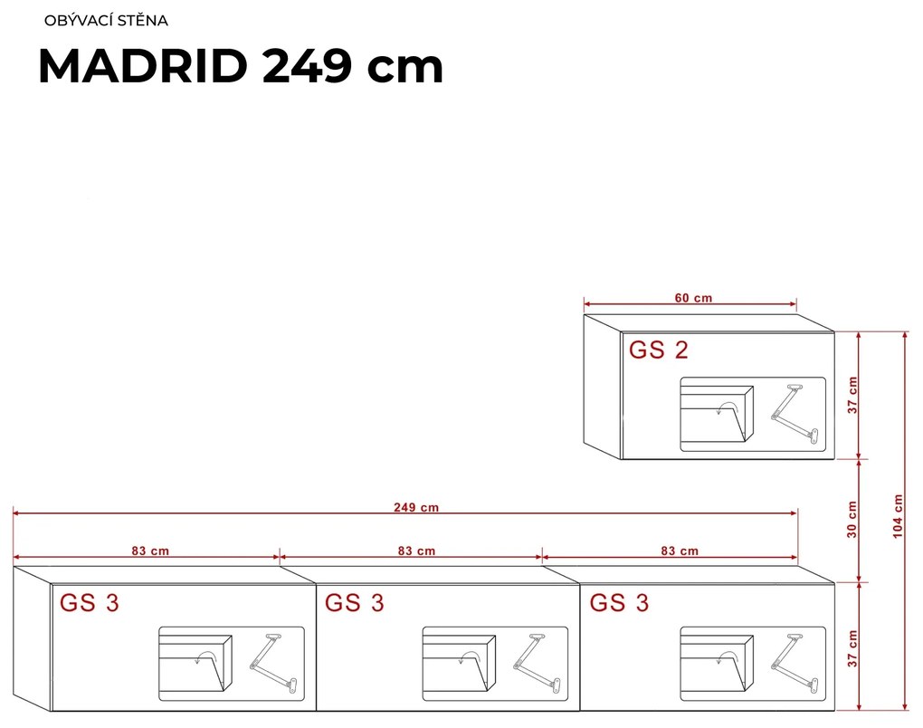 Ral Obývací stěna MADRID 2, 249 cm - Bílý lesk