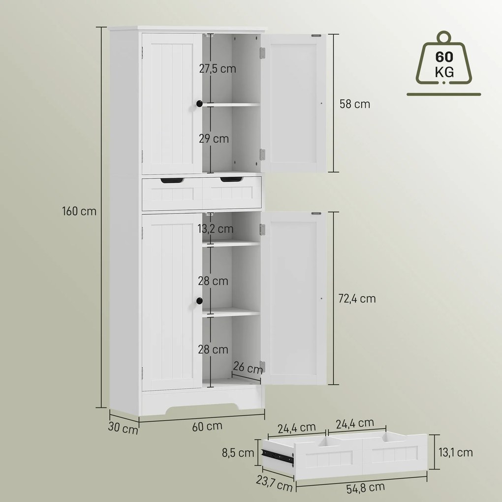 HOMCOM Koupelnová skříňka, úložná skříňka se zásuvkou a 4 dveřmi, moderní design, 60 x 30 x 160 cm, bílé