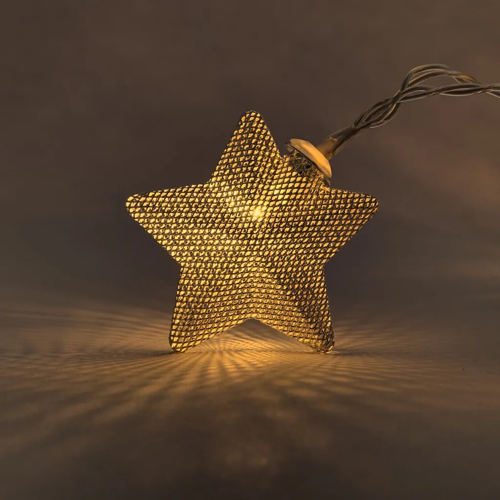 LED světýlka na baterie, kovové hvězdičky, 1,8 m, 10 teple bílých diod, IP20 interiér, 2 × AA
