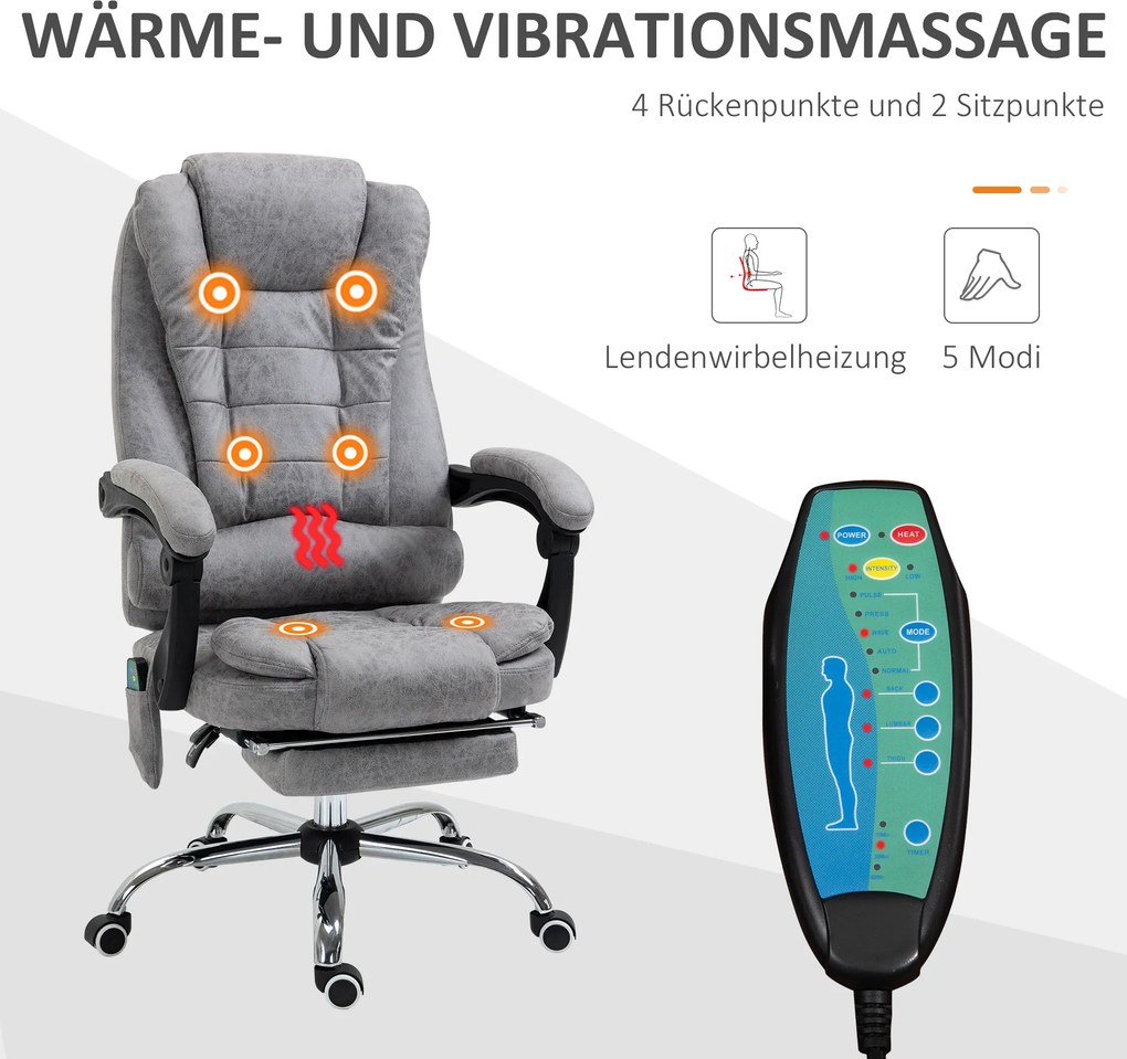 Vinsetto Masážní Hřejivá Kancelářská Židle Ergonomická S Nastavitelnou Výškou A Sklopným Opěradlem Z Mikrovlákna Šedá
