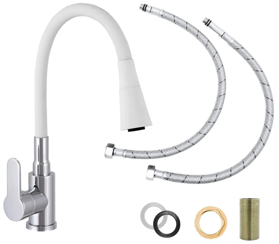 Gamma Flex 3000, stojánková dřezová baterie s flexibilním ramenem, bílá matná-chromová, GMA-BFX-3000WH