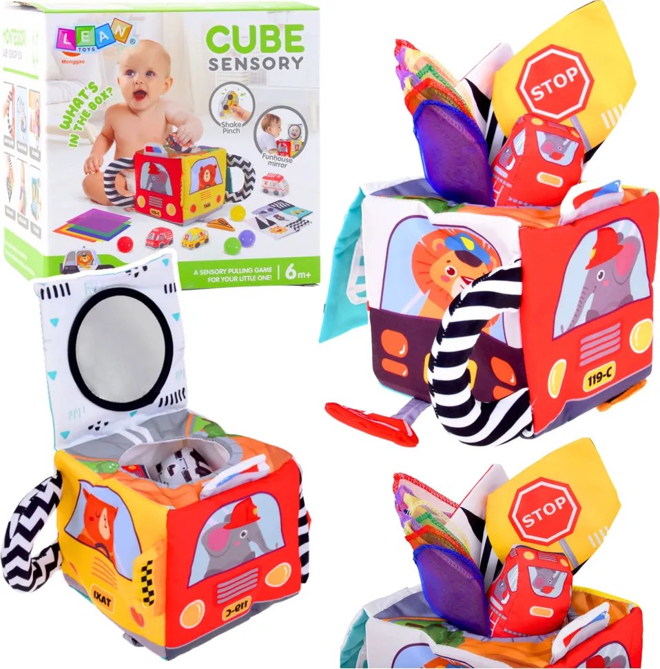 LEAN Toys Měkká senzorická kostka se zrcátkem autíčka a dopravní značky pro miminka