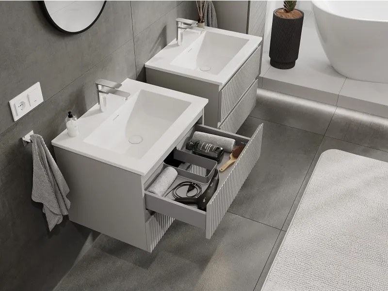 Mexen Rivel, koupelnová skříňka 60 cm s umyvadlem Otis, 2 zásuvky, drážkovaná, šedá matná/bílá, 91A20-06047-2-BFF62-W18M01