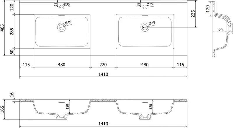 Mexen Otis, dvojité umyvadlo zapuštěné do desky 141 × 46,5 cm, bílá matná, 25181401D
