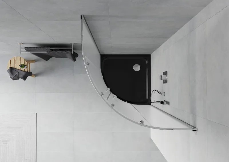Mexen Rio, čtvrtkruhový sprchový kout s posuvnými dveřmi 90 x 90 cm, 5mm sklo námraza, chromový profil + černá sprchová vanička, 863-090-090-01-30-4170