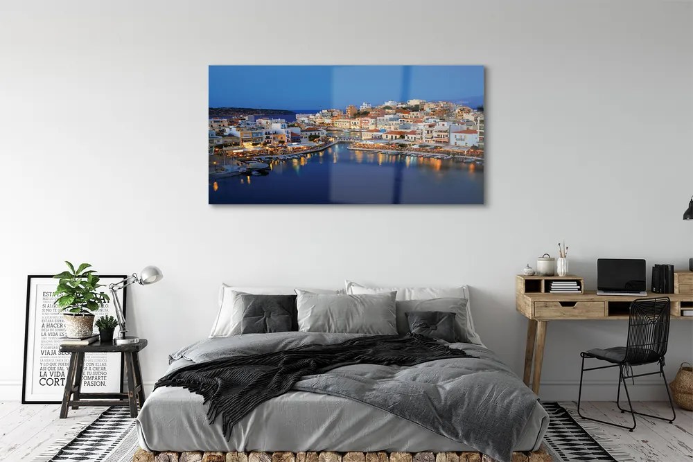 akrylový obraz Město v noci Řecko Coast 140x70 cm