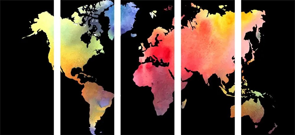 5-dílný obraz mapa světa v akvarelový provedení na černém pozadí Varianta: 100x50