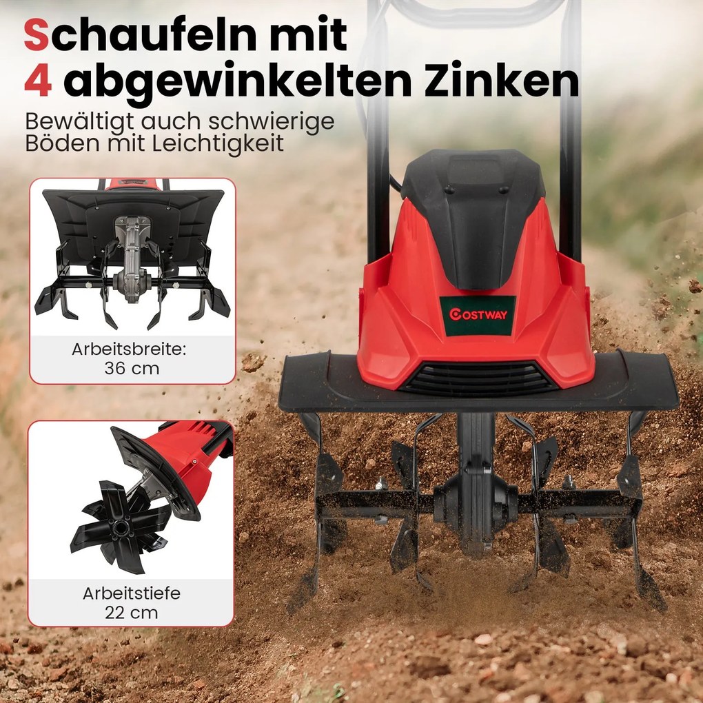 Costway Elektrický kultivátor 1200 W | Pracovní šířka 36 cm | Pracovní hloubka