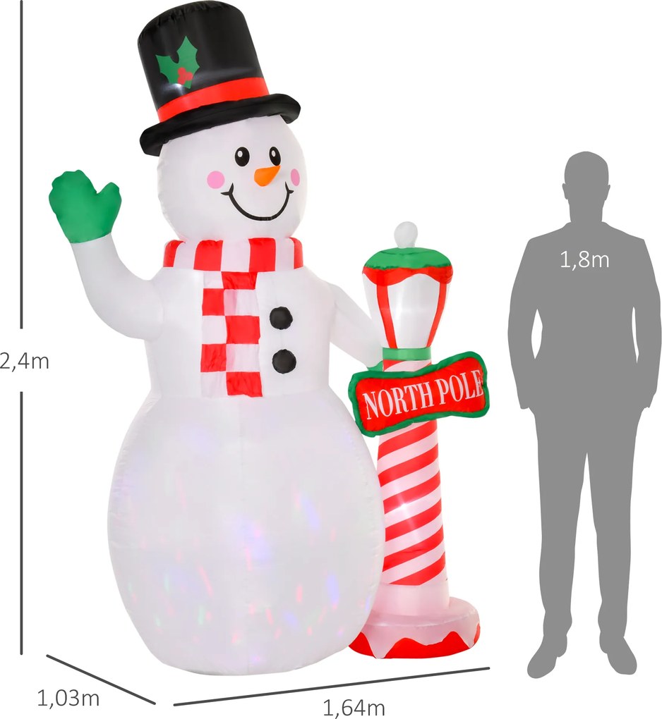 HOMCOM Vánoční dekorace, nafukovací sněhulák, 2,4 m, LED osvětlení, ventilátor, bílá